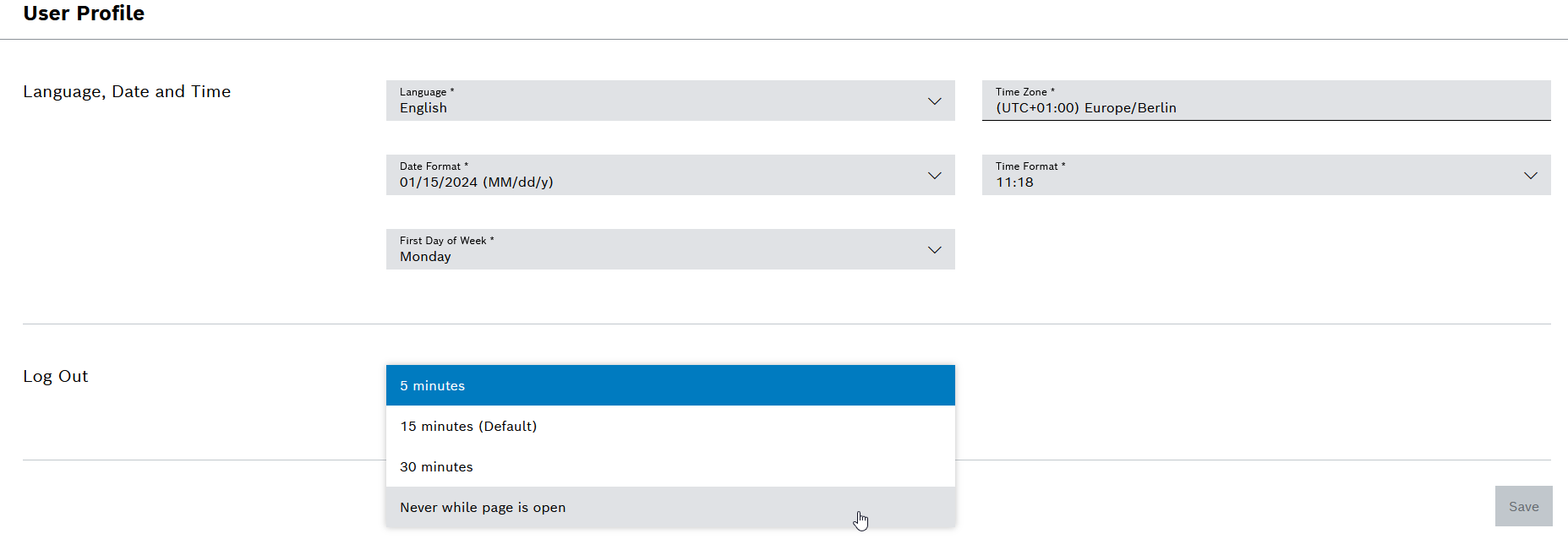 Configuring the automatic logout in the Nexeed Industrial Application ...